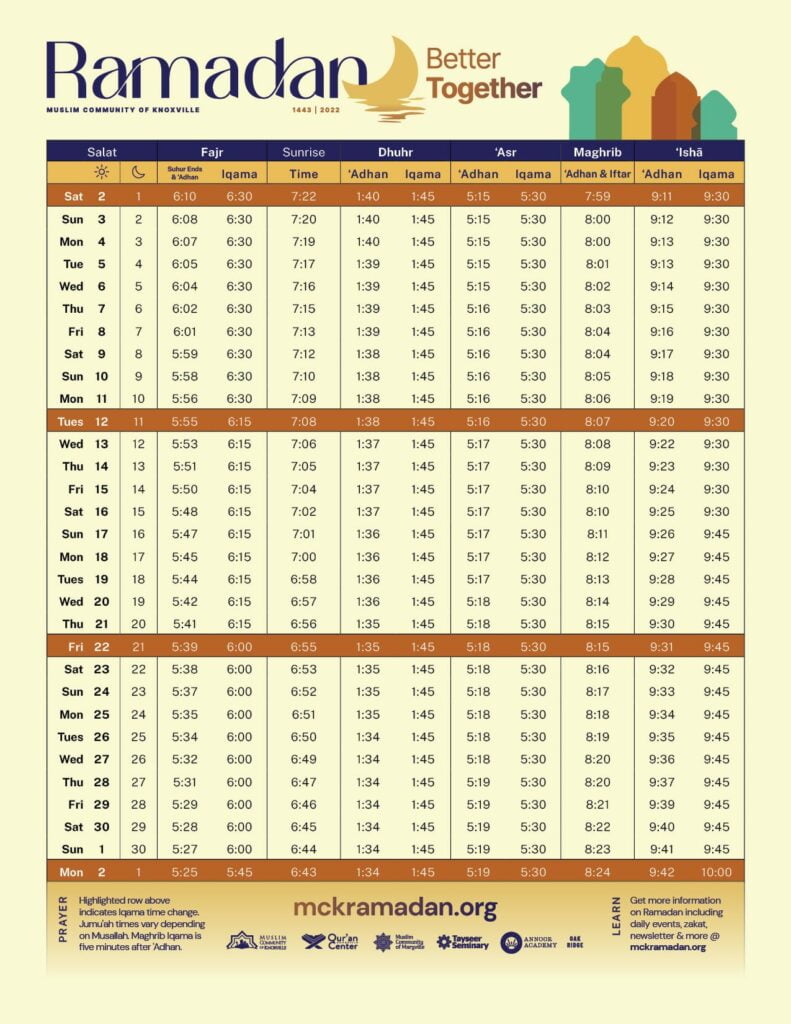 Ramadan 1443 Prayer Times - Muslim Community of Knoxville